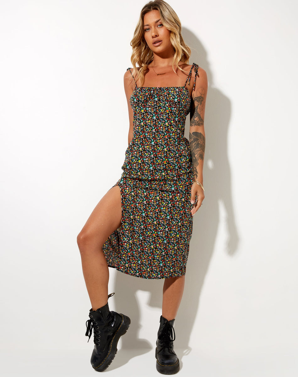 Strappy Multi coloured Floral Midi Dress | Lotie – motelrocks-com-us