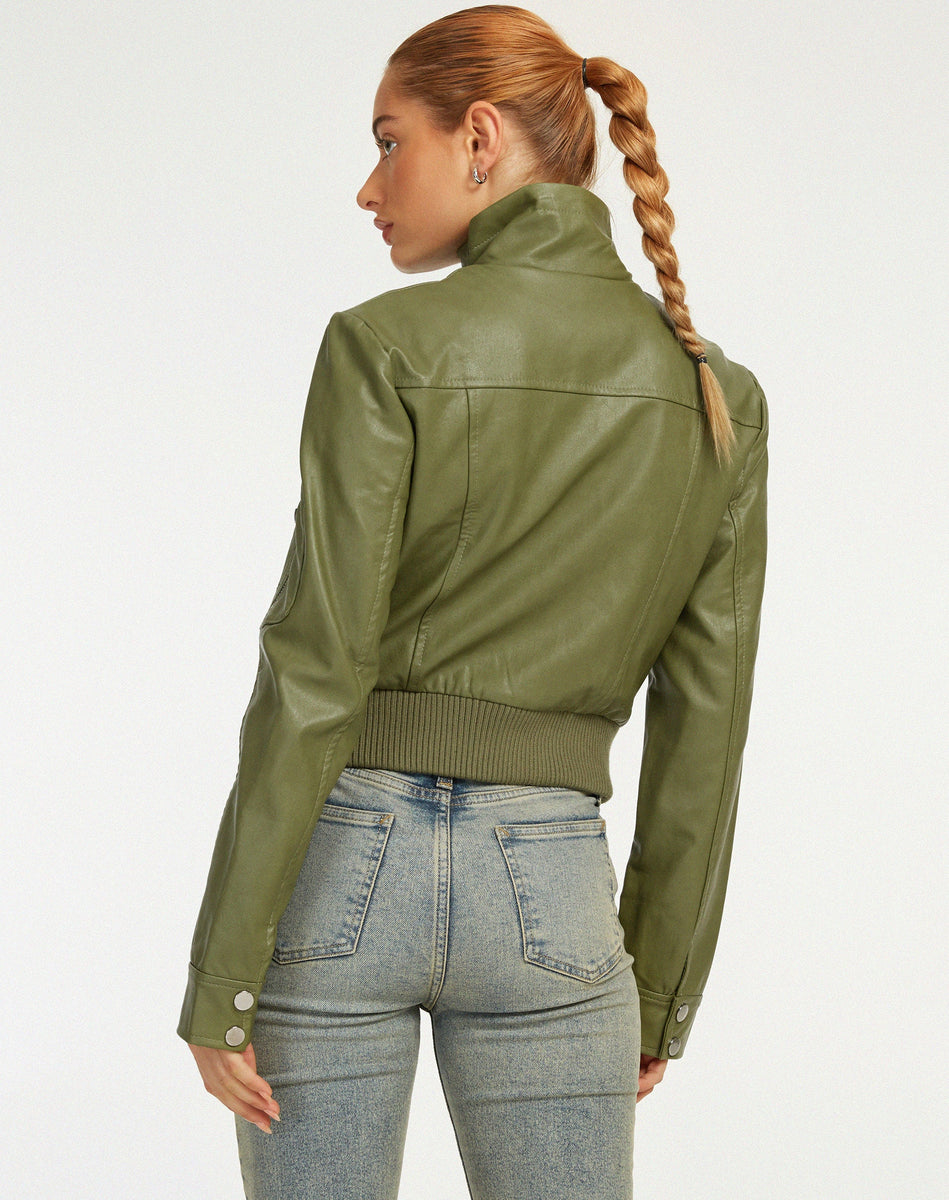 Green PU Leather High Neck Jacket | Loviana – motelrocks-com-us