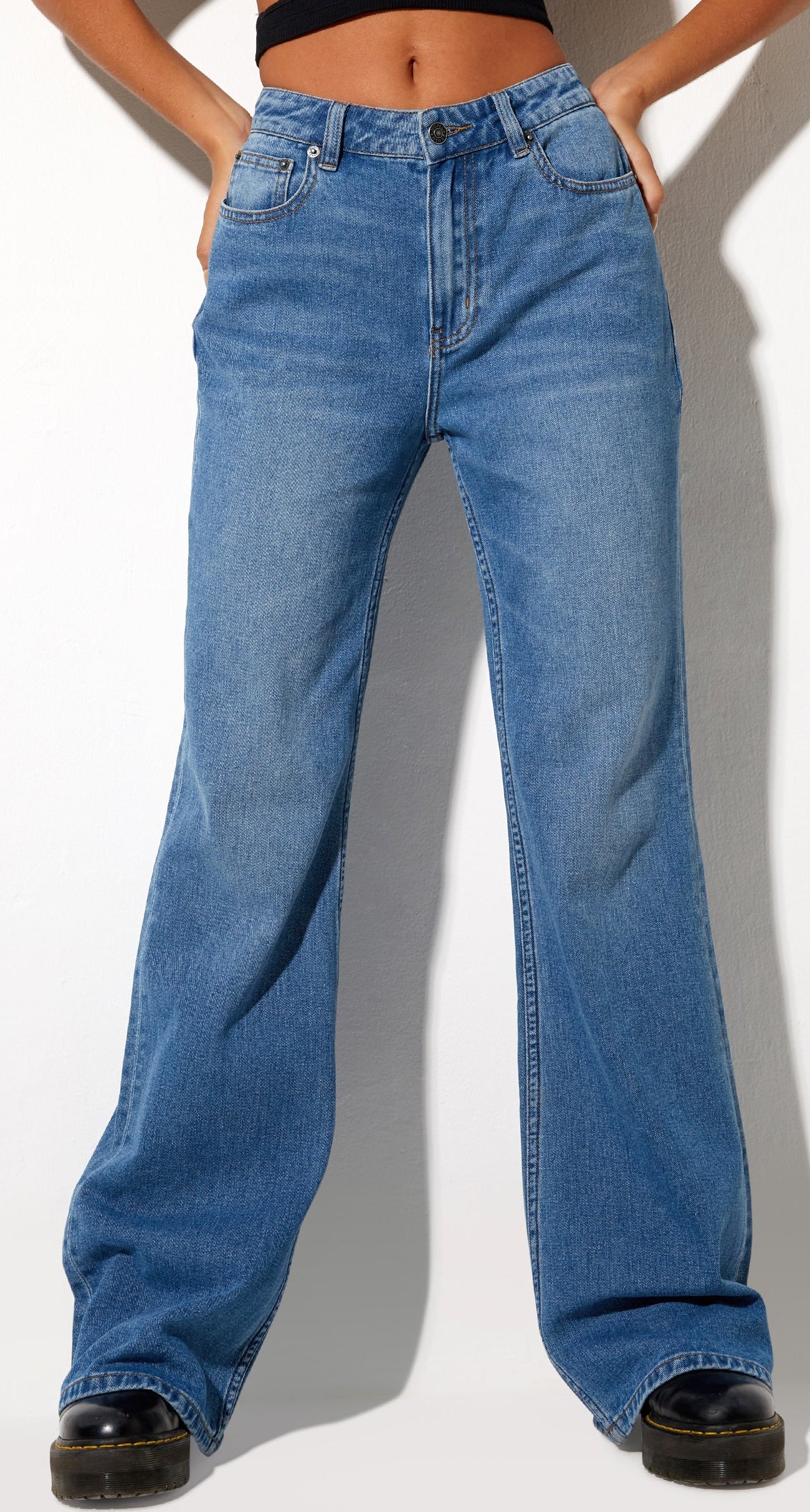 Blue Denim Low Rise Flared Jeans | Low Slung – motelrocks-com-us