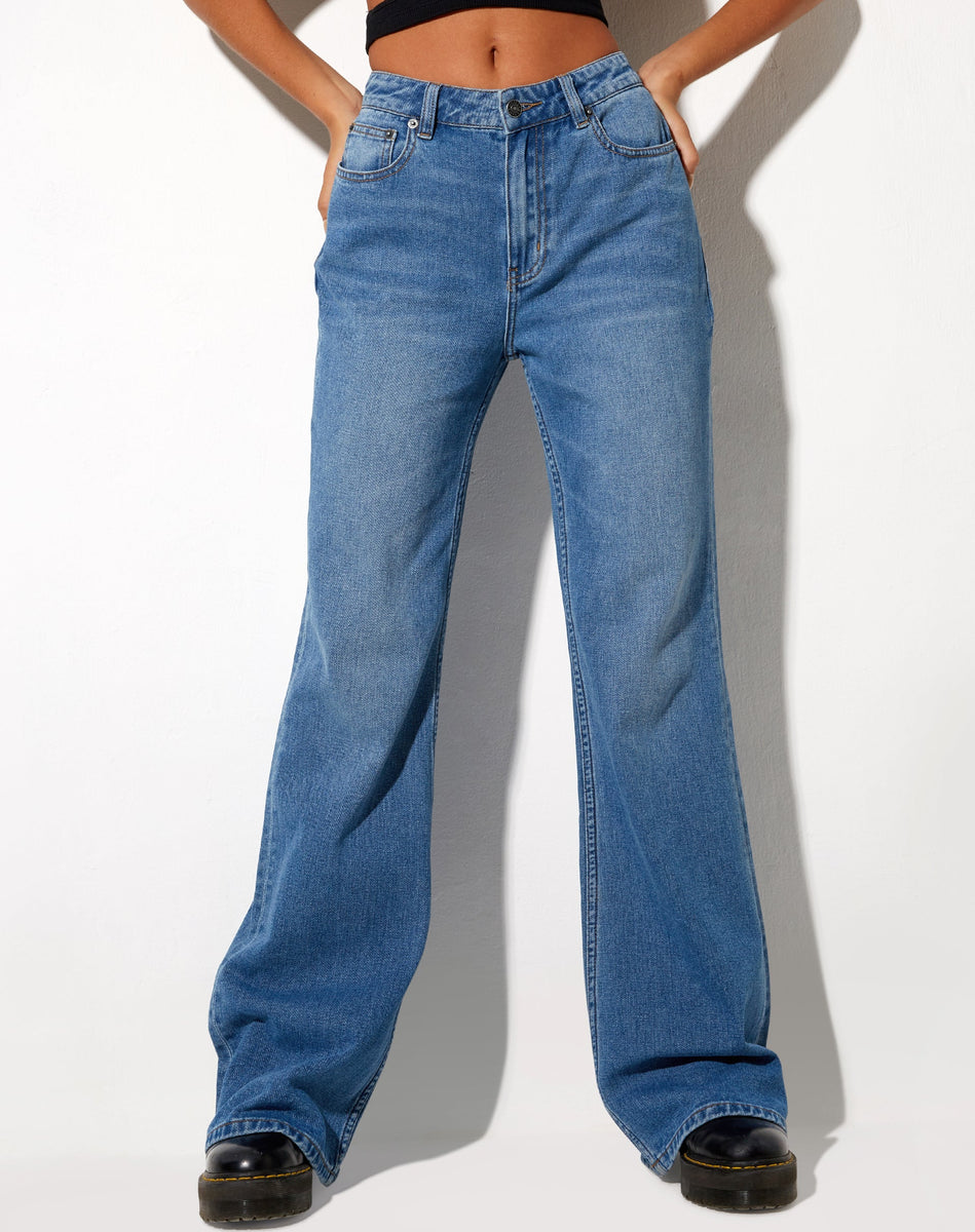 Blue Denim Low Rise Flared Jeans | Low Slung – motelrocks-com-us