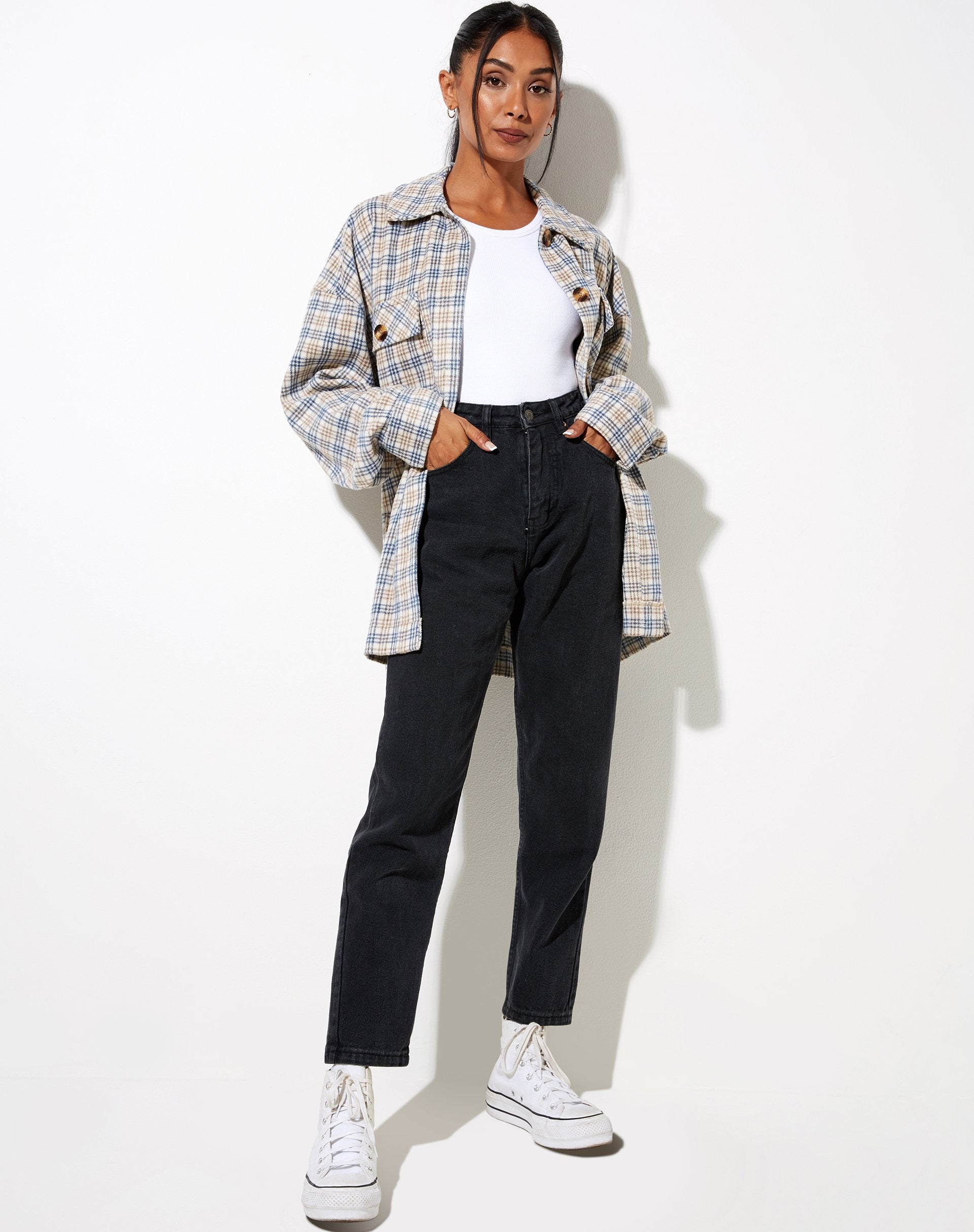 Oversized Long Sleeve Blue and Tan Check Print Shirt | Marcel ...