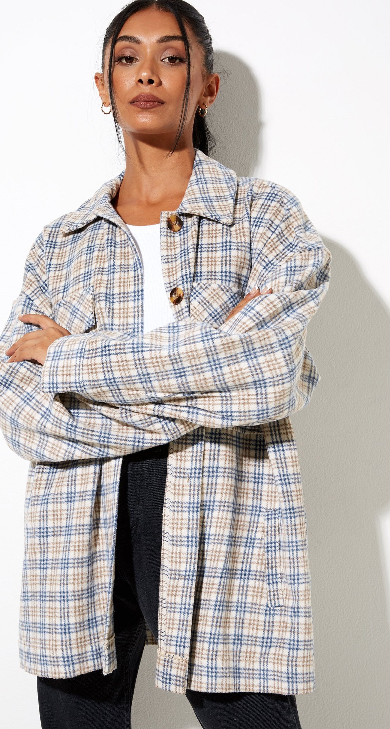 Oversized Long Sleeve Blue and Tan Check Print Shirt | Marcel ...