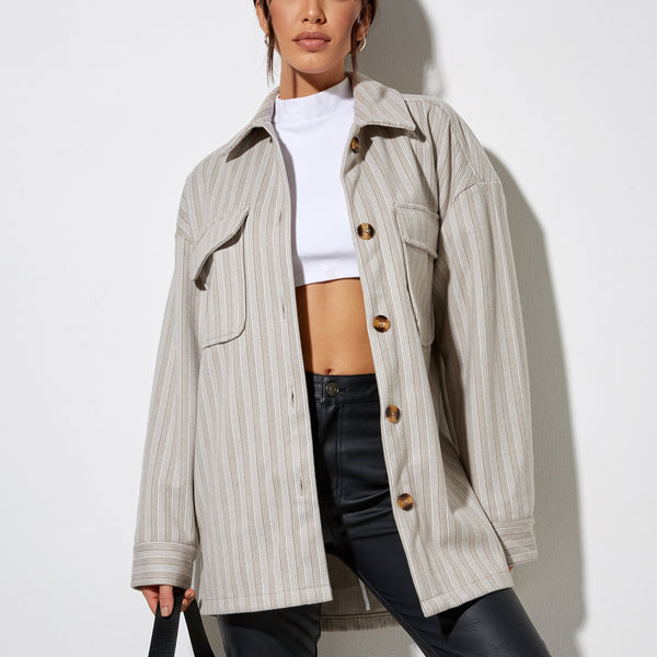 Tonal Grey Stripe Long Sleeve Oversized Shirt Jacket | Marcella ...
