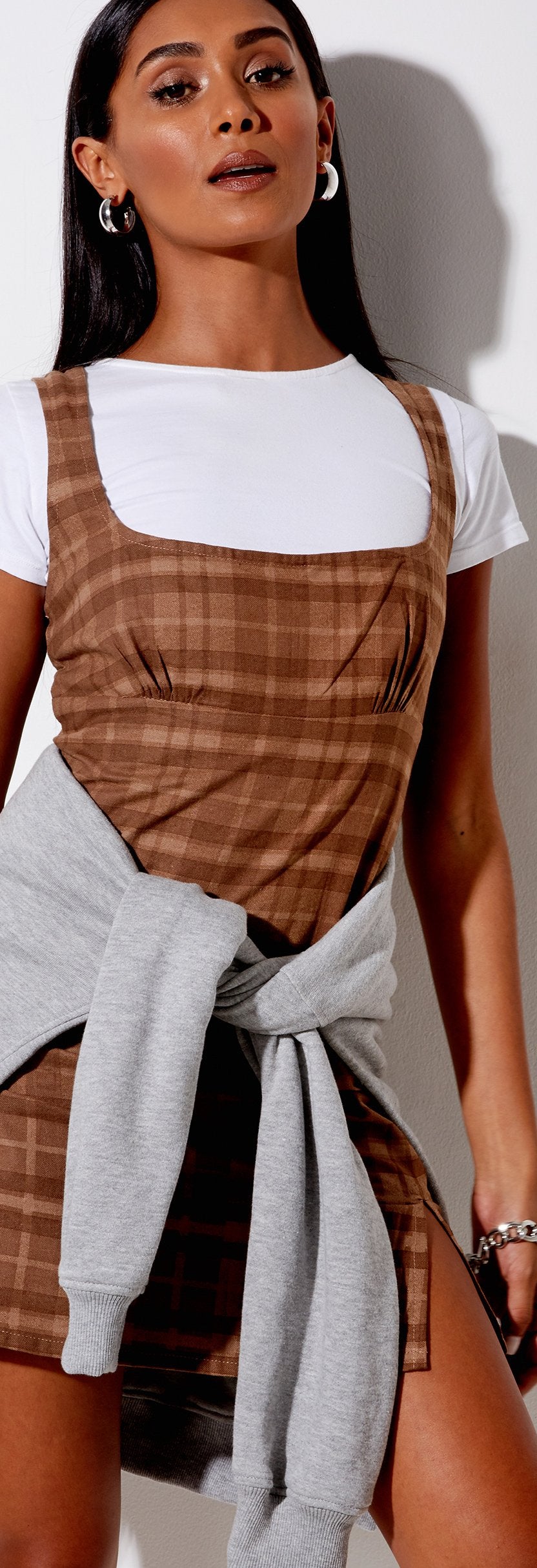 Brown Check Square Neckline Thick Strap Mini Dress | Mehra – motelrocks ...