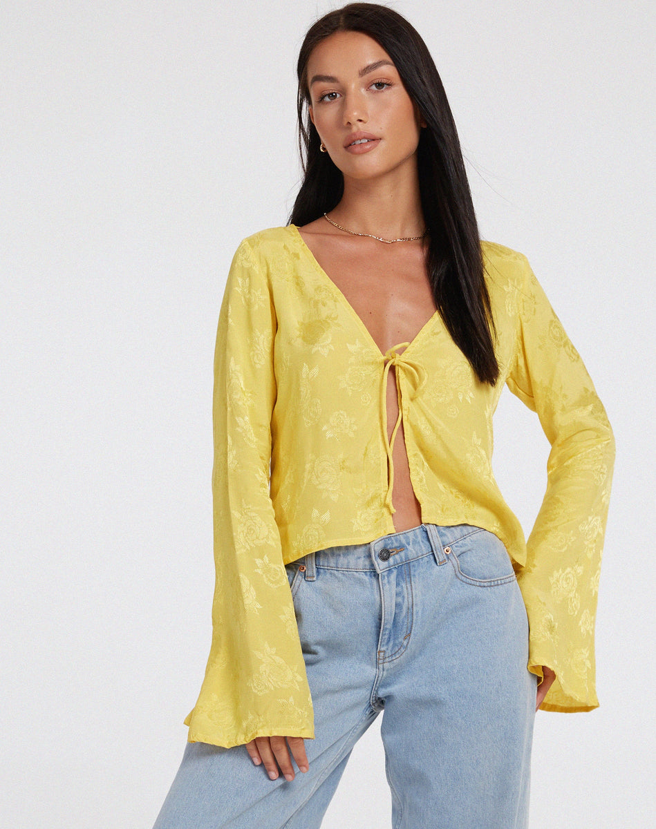 Yellow Plunge Neckline Long Sleeve Tie Up Top | Merida – motelrocks-com-us
