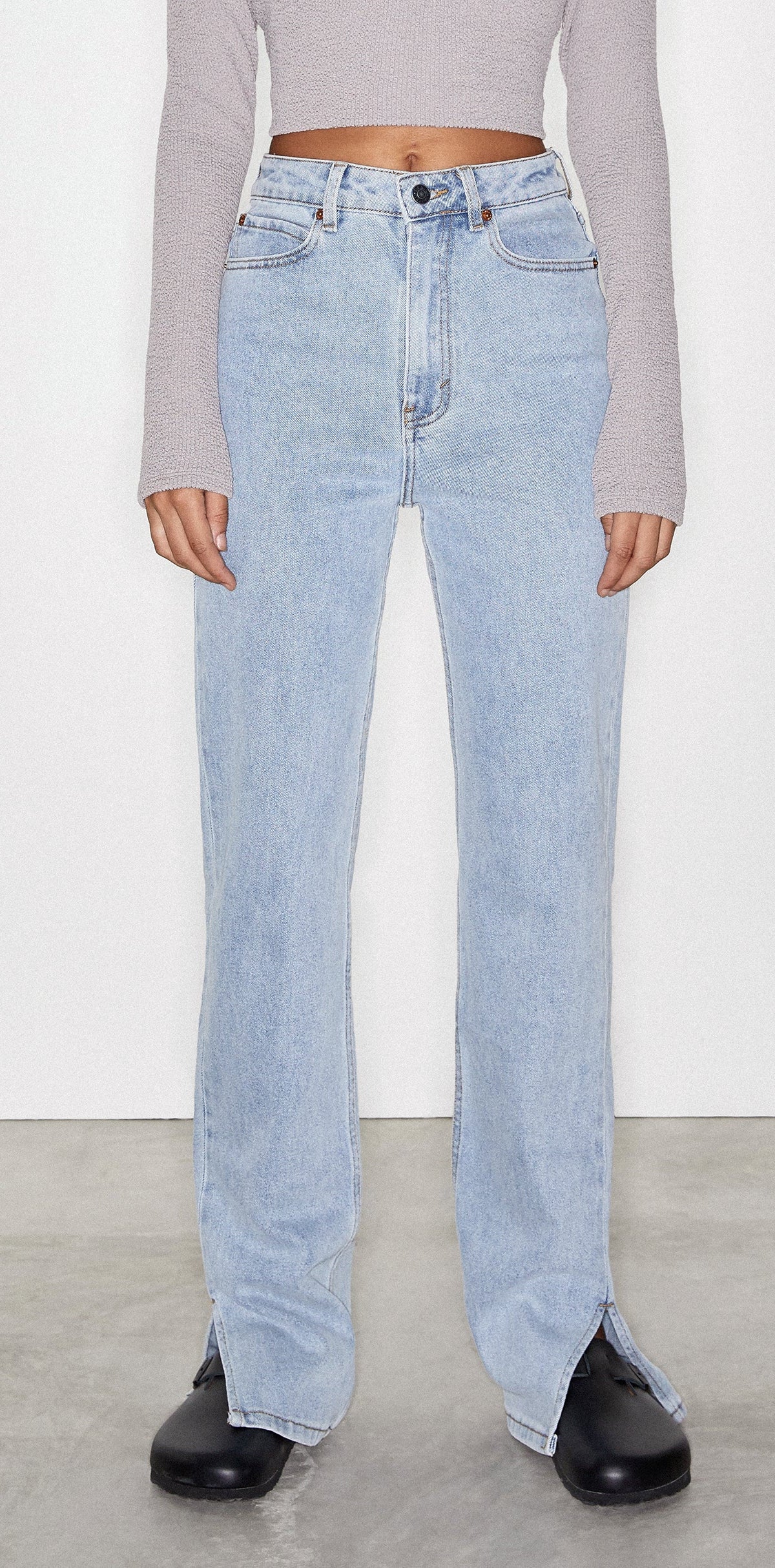 Light Blue Denim High Waisted Split Hem Jeans | Straight Leg ...