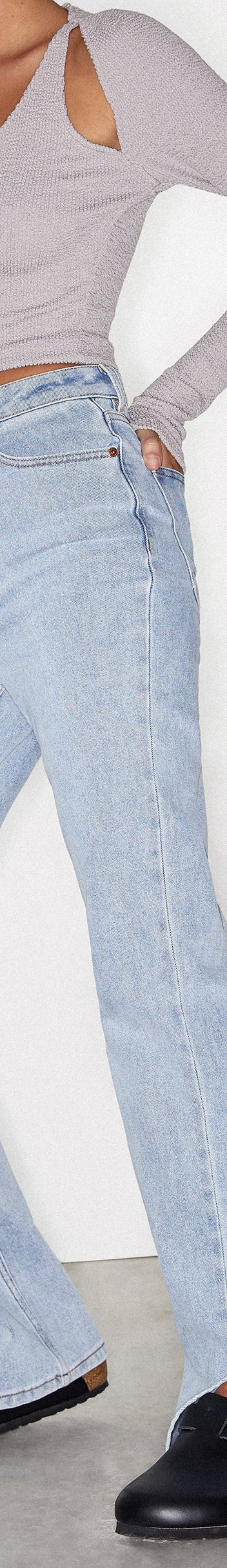 Light Blue Denim High Waisted Split Hem Jeans | Straight Leg ...