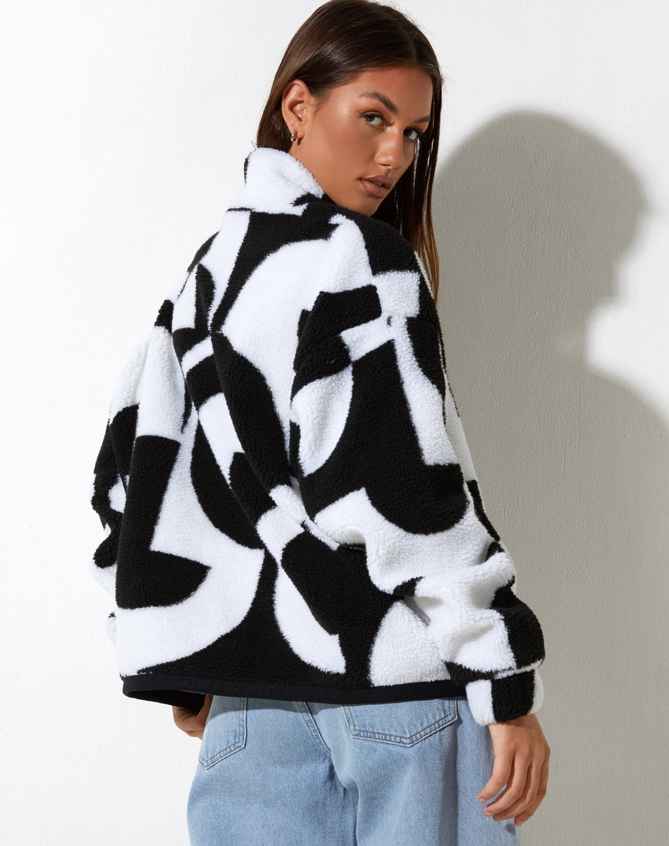Black and White Geometric Print Fleece Jacket | Naira – motelrocks-com-us