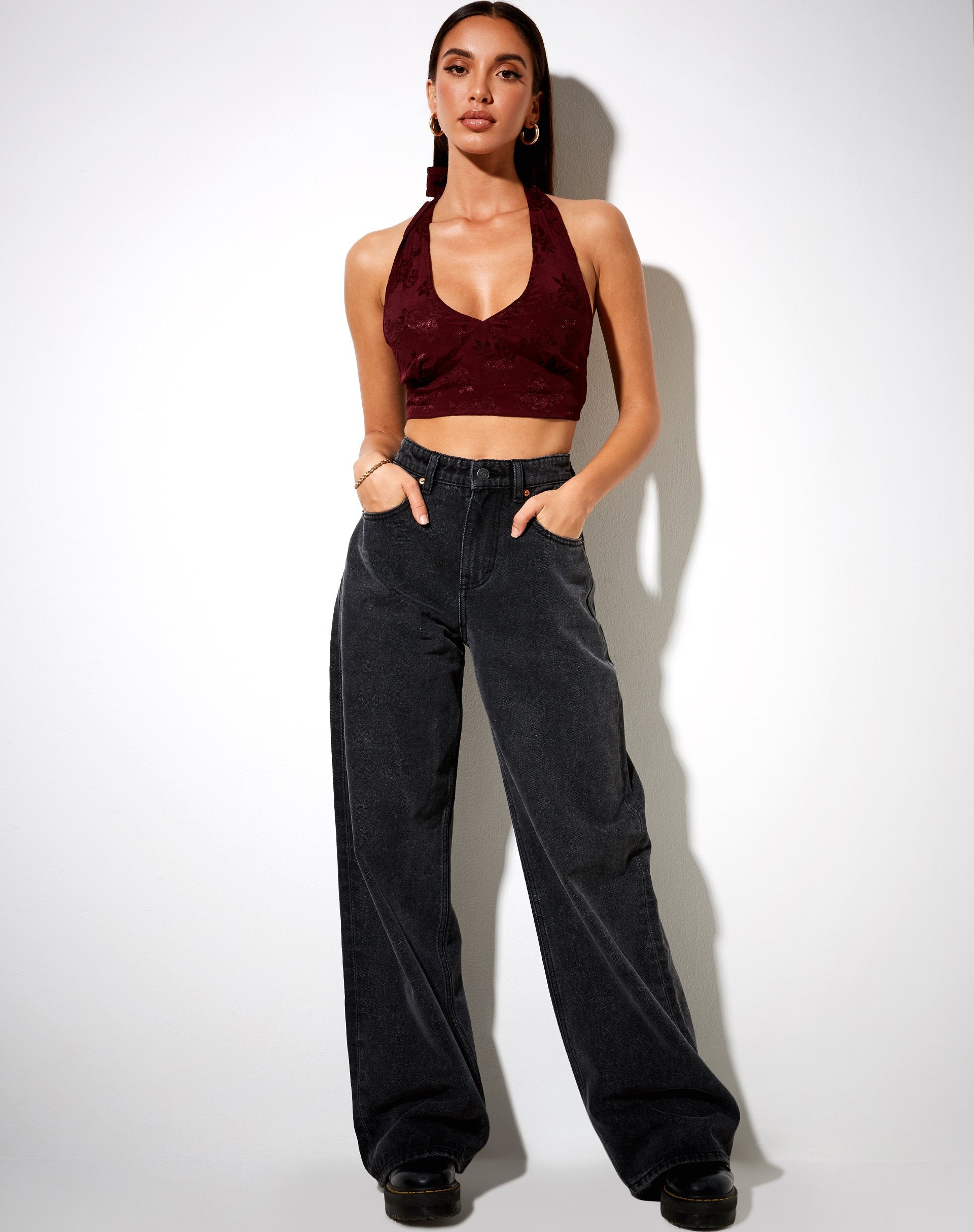 Burgundy Floral Satin Halter Neck Crop Top | Naya – motelrocks-com-us