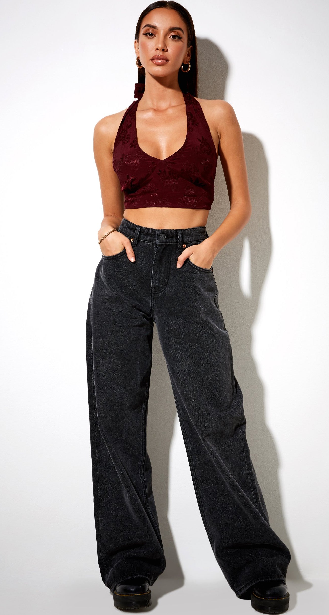 Burgundy Floral Satin Halter Neck Crop Top | Naya – motelrocks-com-us