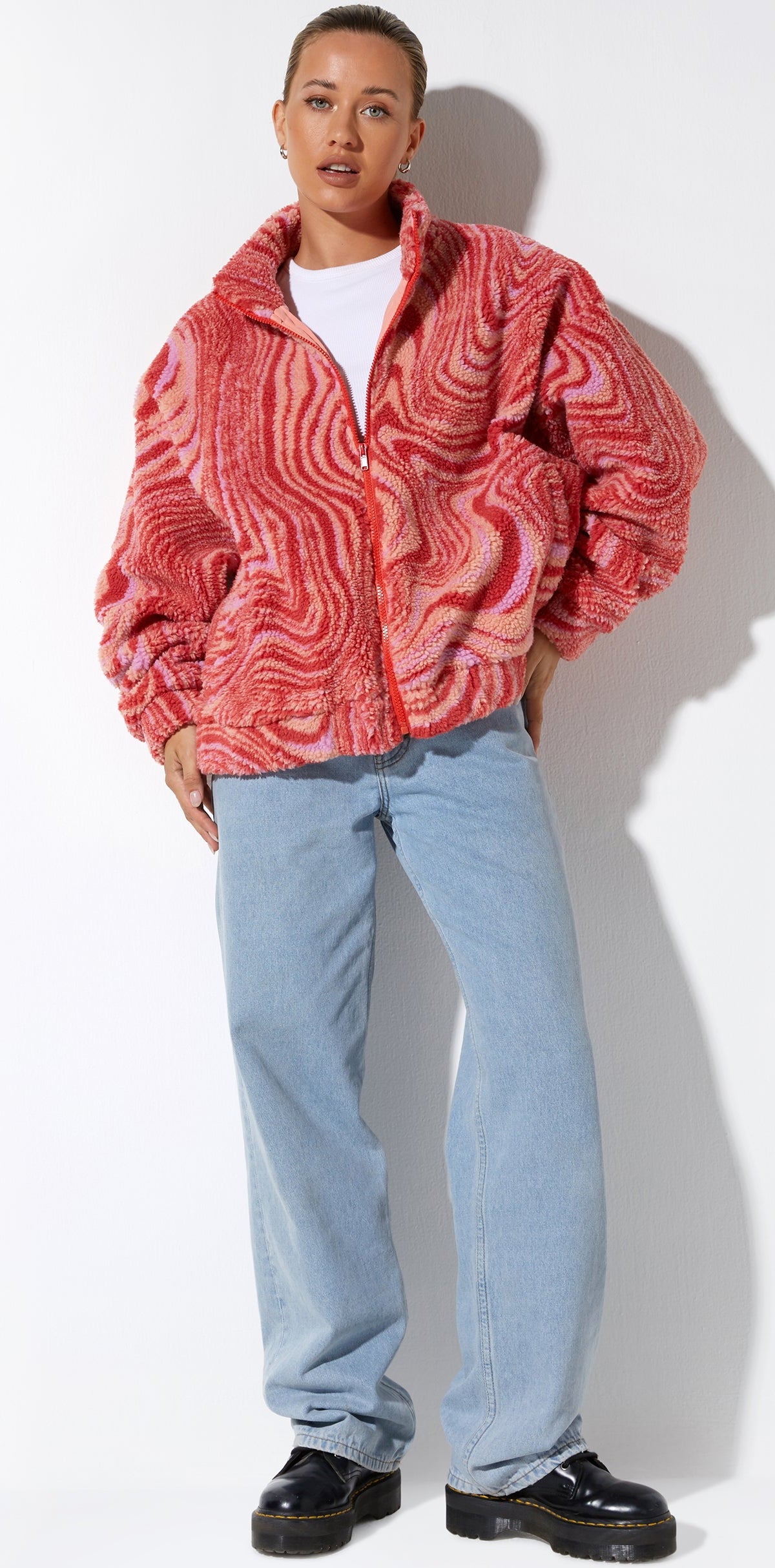 Pink Ripple High Neck Zip Up Long Sleeve Jacket | Nereo – motelrocks-com-us