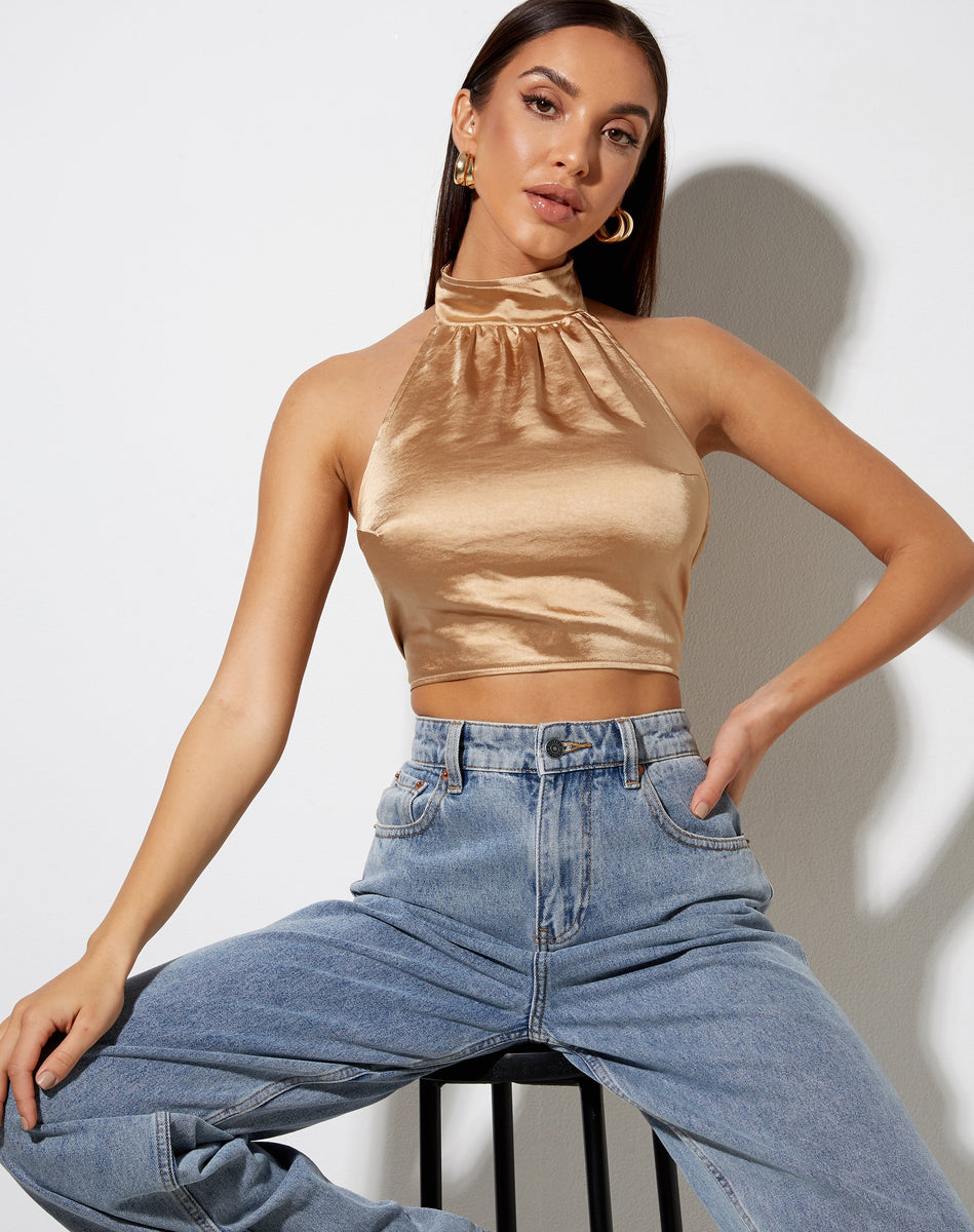 Backless Satin Gold Crop Top | Noela – motelrocks-com-us