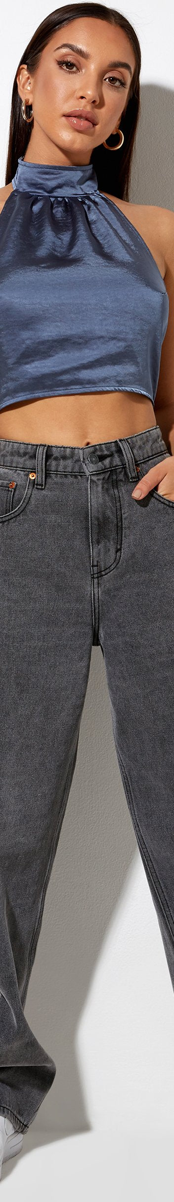 Backless High Neck Halterneck Sleeveless Blue Satin Crop Top | Noela ...