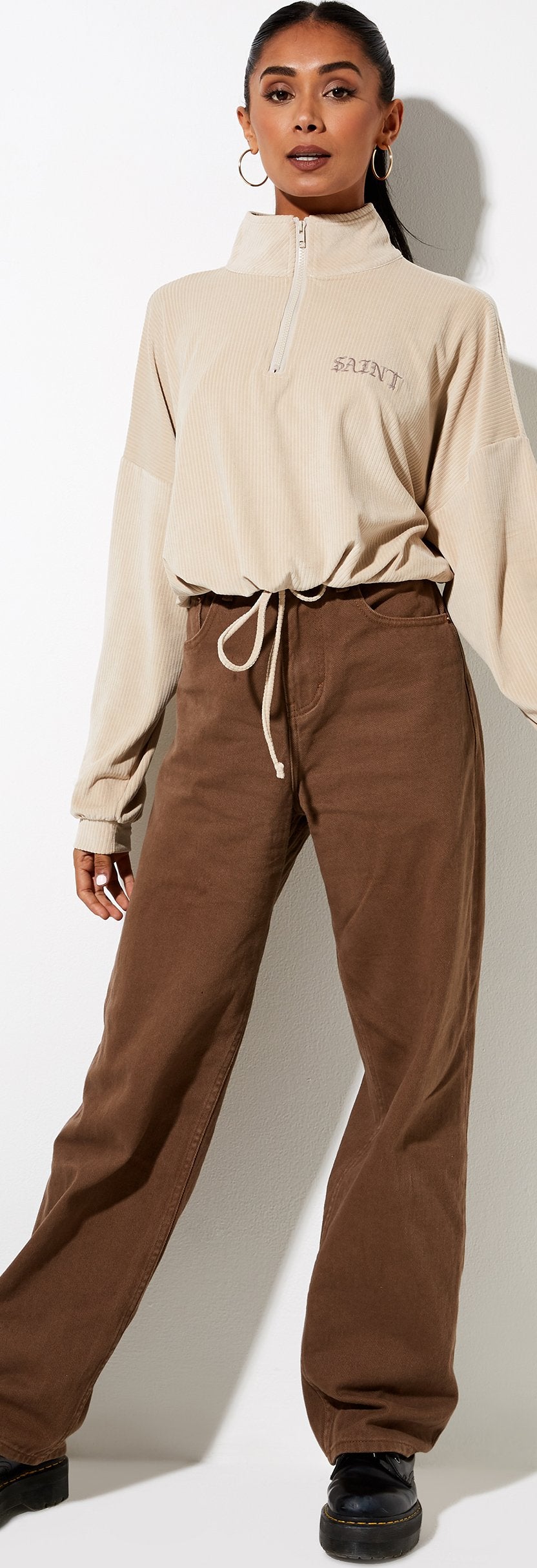 Light Ribbed Beige Cropped High Neck Jumper | Olini – motelrocks-com-us