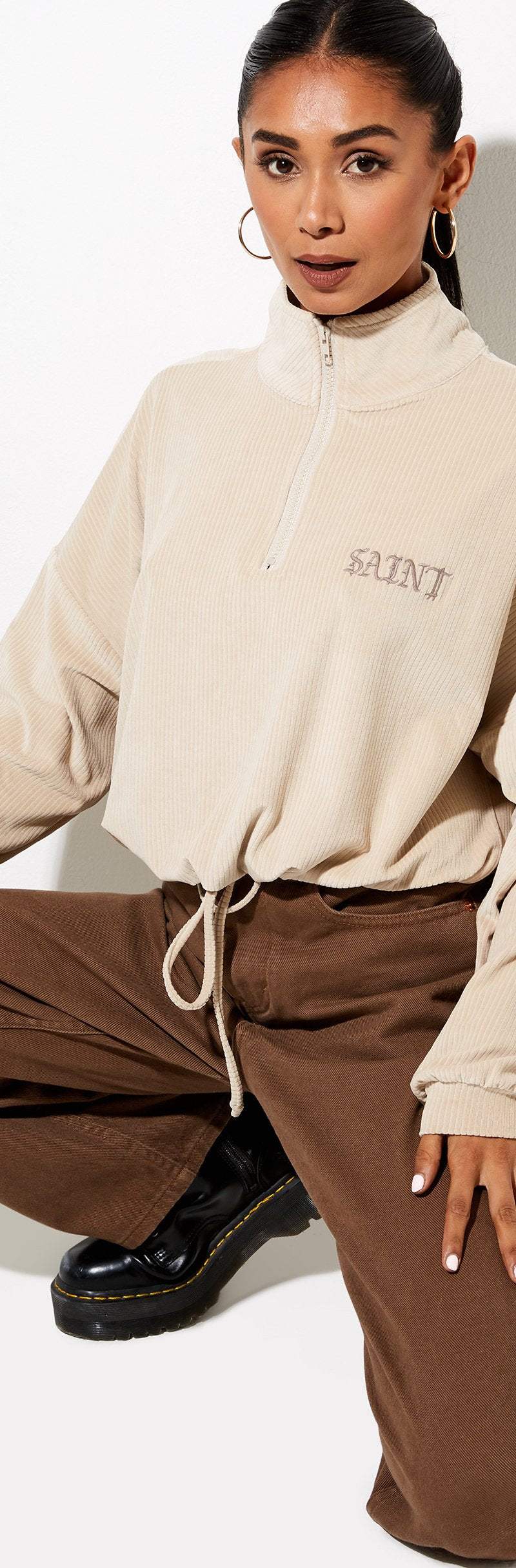 Light Ribbed Beige Cropped High Neck Jumper | Olini – motelrocks-com-us