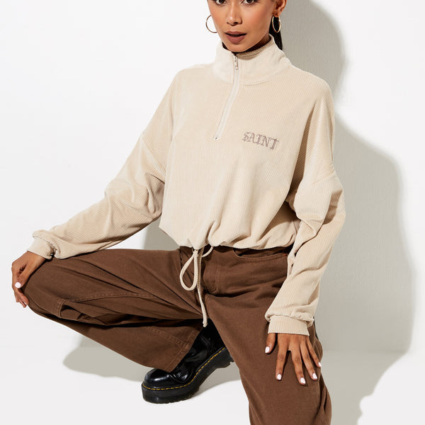 Light Ribbed Beige Cropped High Neck Jumper | Olini – motelrocks-com-us