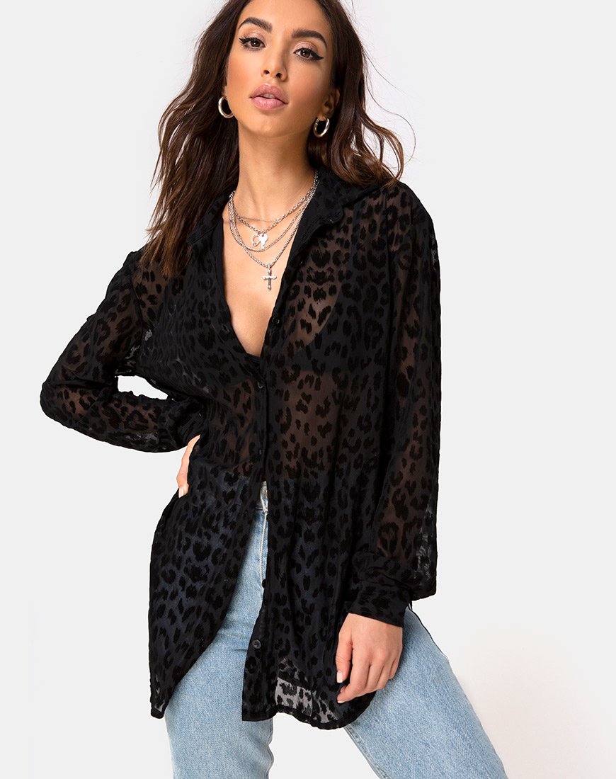 Longline Button Through black Leopard Mesh Shirt | Motel – motelrocks ...