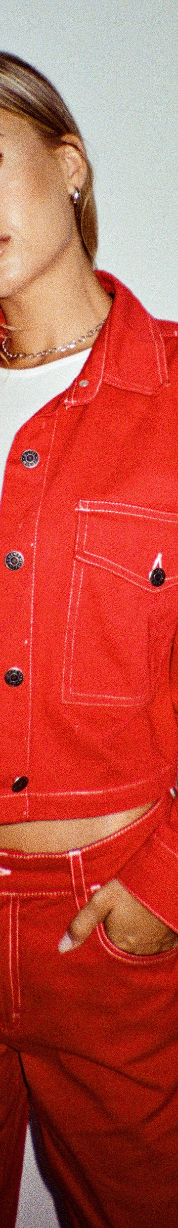 Red and White Stitching Button Up Denim Jacket | Boxy – motelrocks-com-us