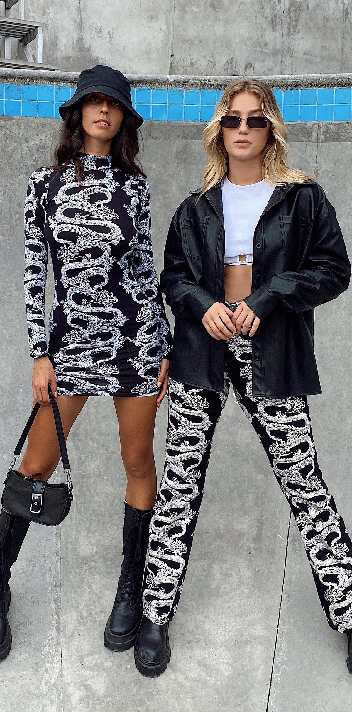 High Waist Black and White Dragon Flare Trouser | Zoven – motelrocks-com-us