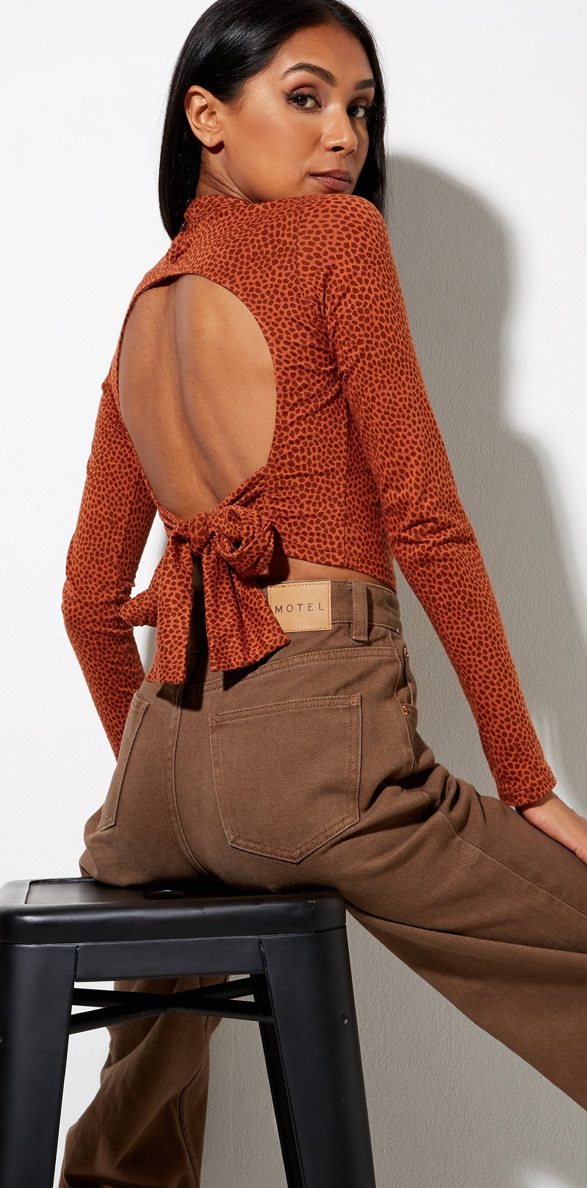 Brown Croc Print Long Sleeve Backless Crop Top | Quky – motelrocks-com-us