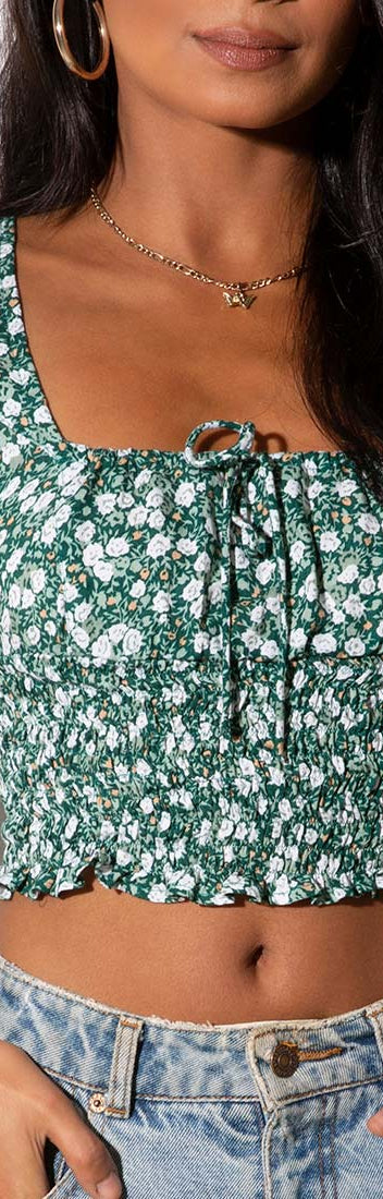 Crop Shirred Green Floral Top | Raquel – motelrocks-com-us