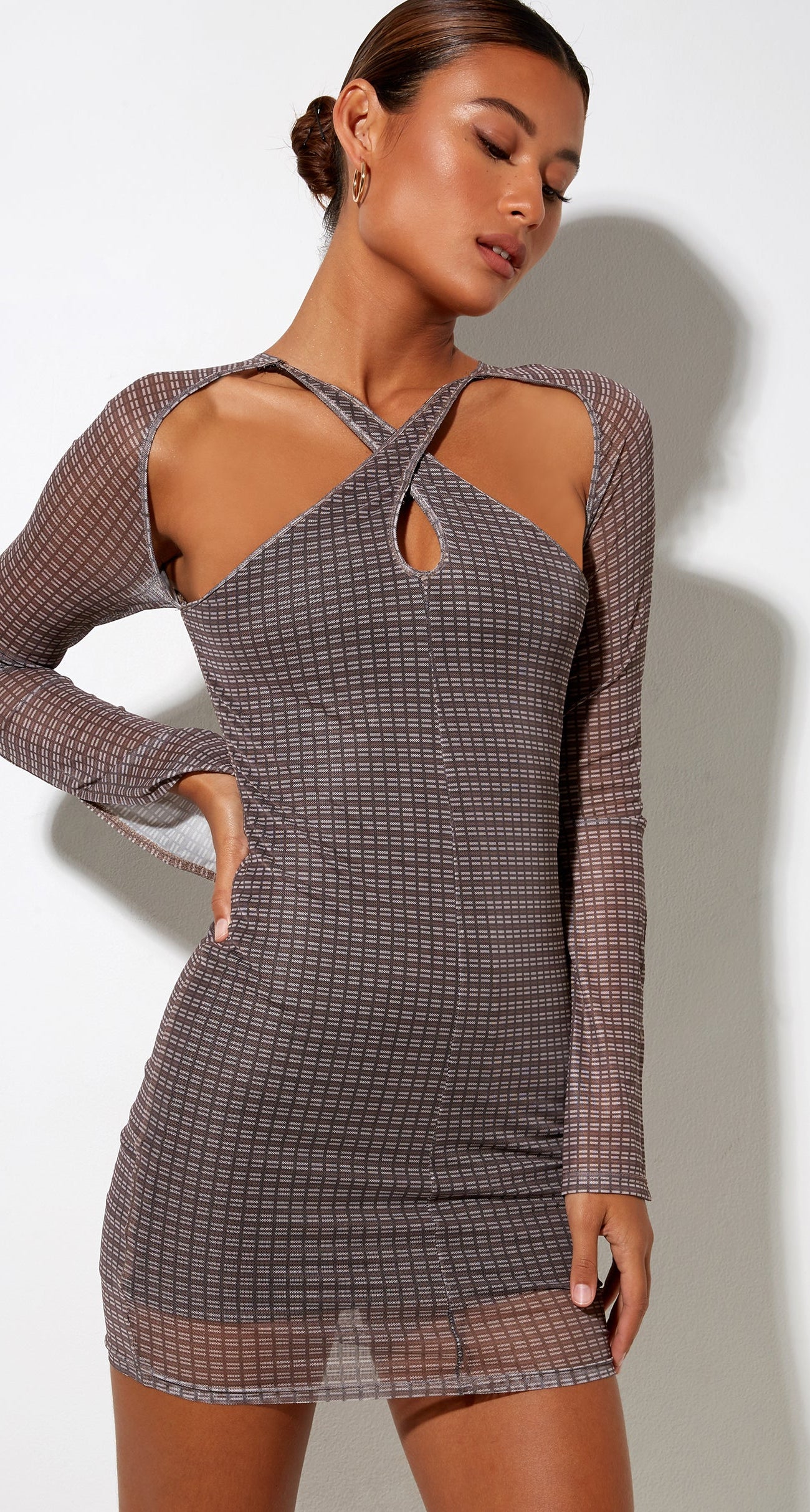 Brown Check Print Long Sleeve Mini Dress | Bebe – motelrocks-com-us
