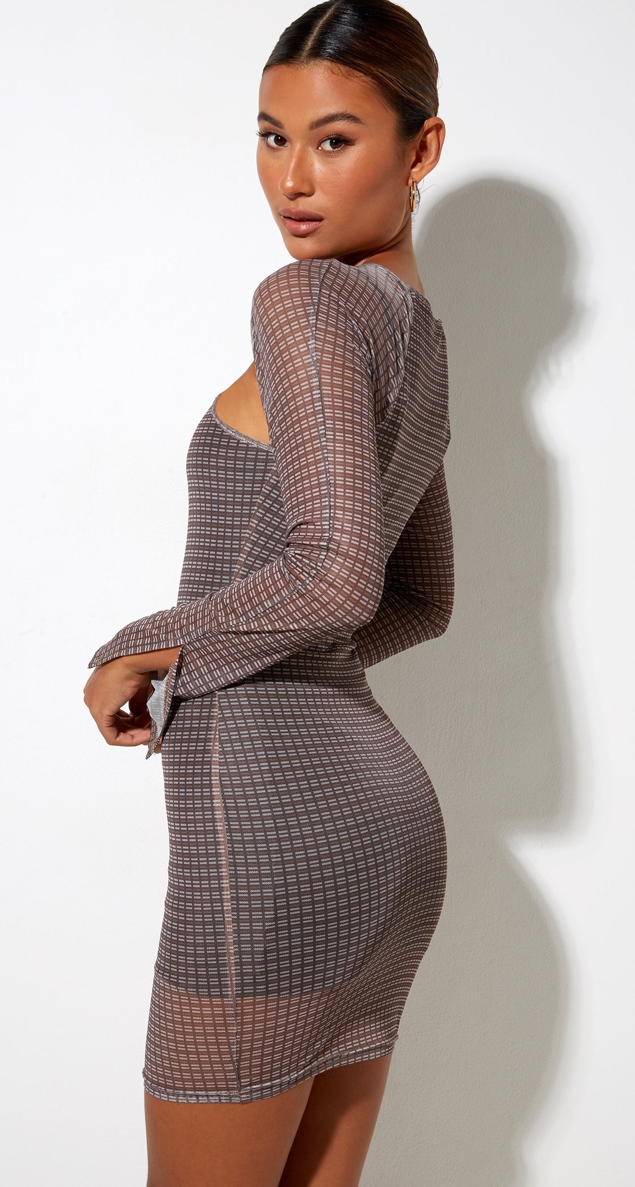 Brown Check Print Long Sleeve Mini Dress | Bebe – motelrocks-com-us