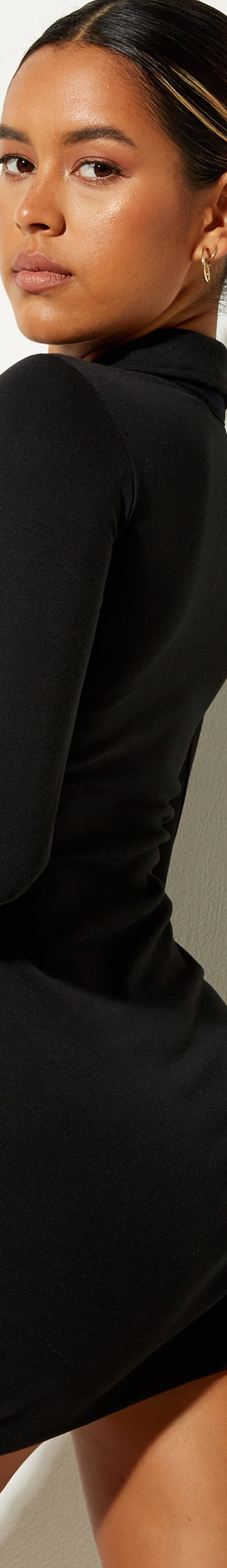 Rib Black Long Sleeve Button Up Collar V-Neck Mini Dress | Luiza ...