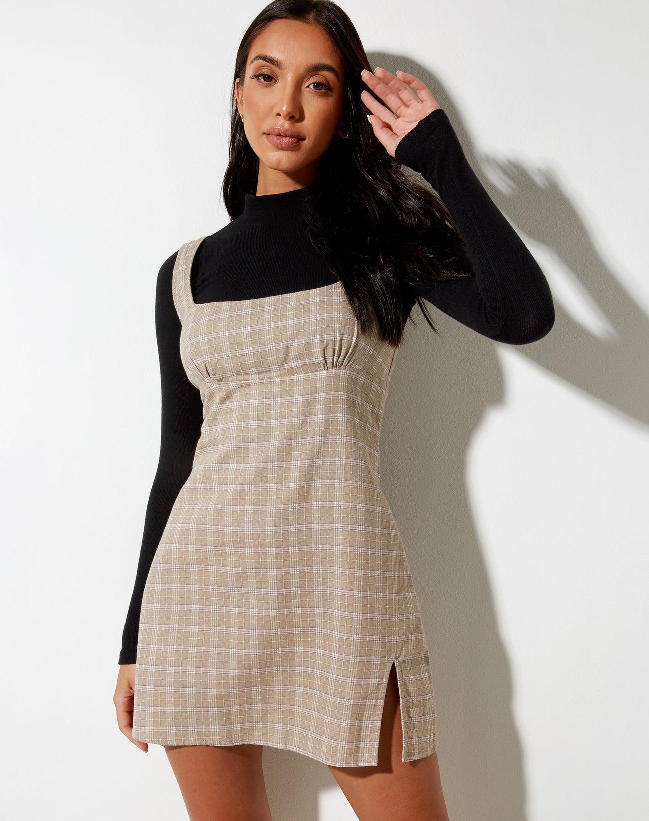 Chunky Strap Beige and White Check Mini Dress | Mehra – motelrocks-com-us