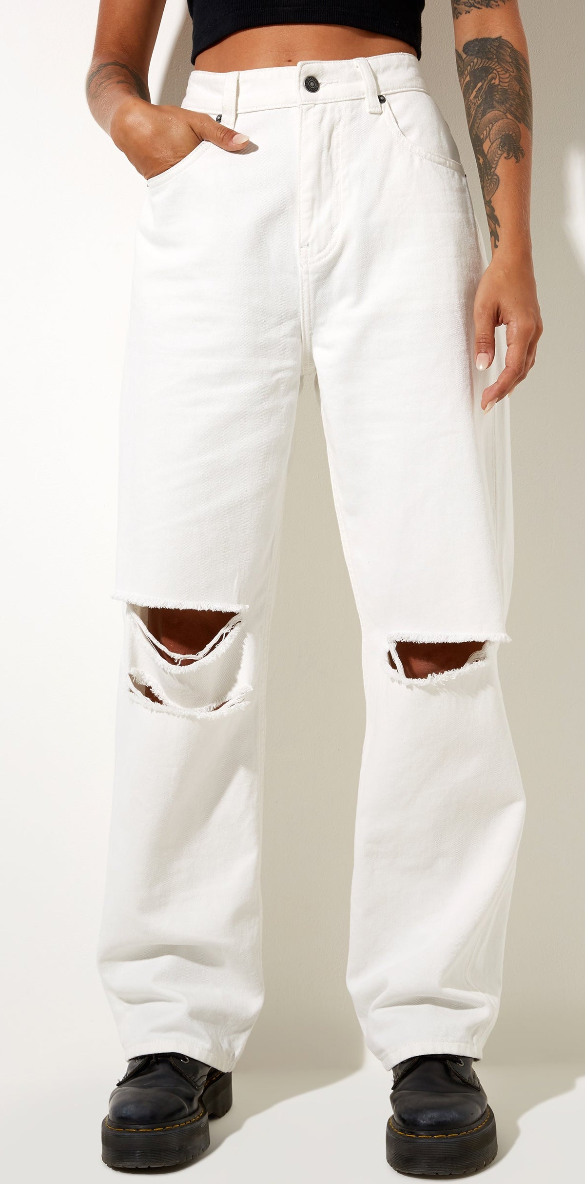 Ripped Knee White Wide Leg Jean | Rips Parallel – motelrocks-com-us