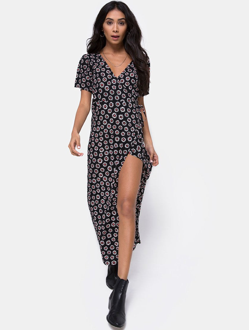 Short Sleeve Black Daisy Print Maxi Dress | Riva – motelrocks-com-us