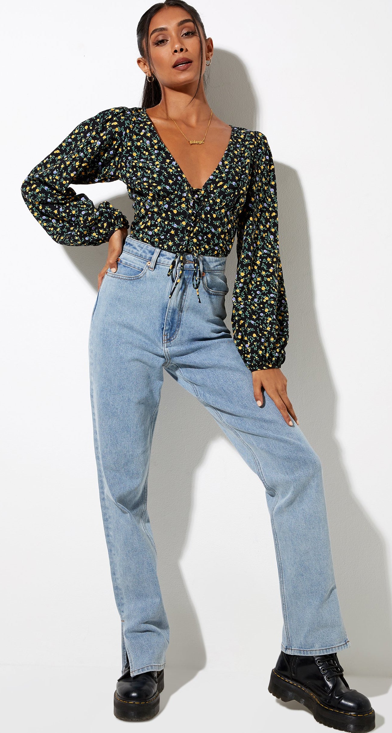 Black Floral Long Sleeve Top | Romina – motelrocks-com-us