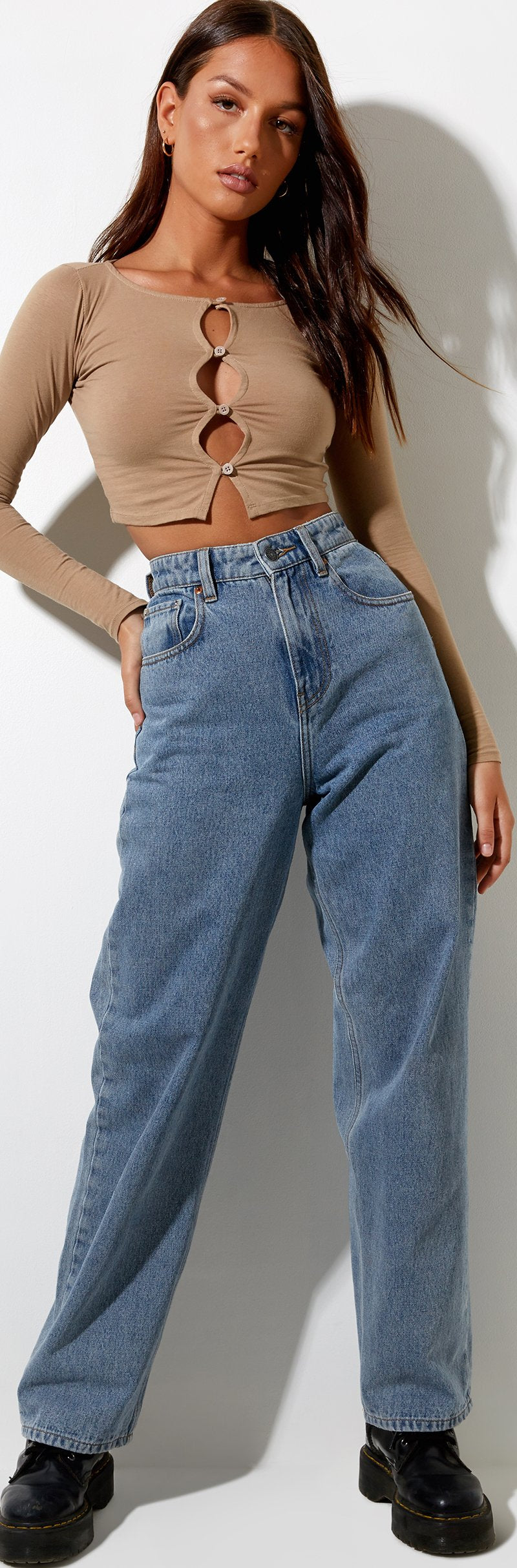 Long Sleeve Beige Cutout Crop Top | Sarah – motelrocks-com-us