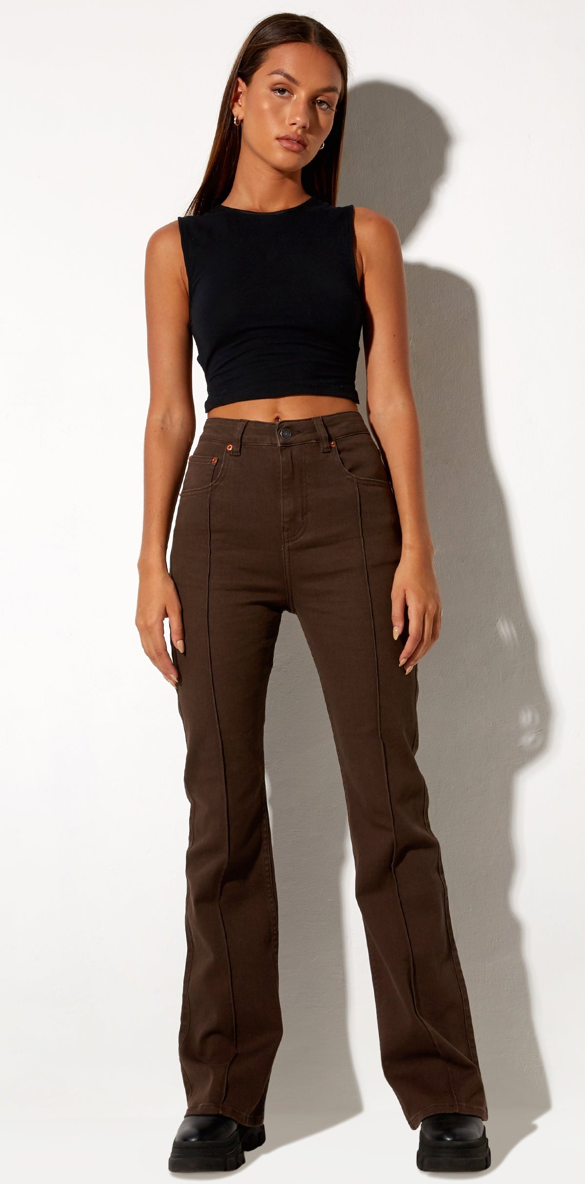 Chocolate Brown Flared Leg Jeans | Seam Bootleg – motelrocks-com-us