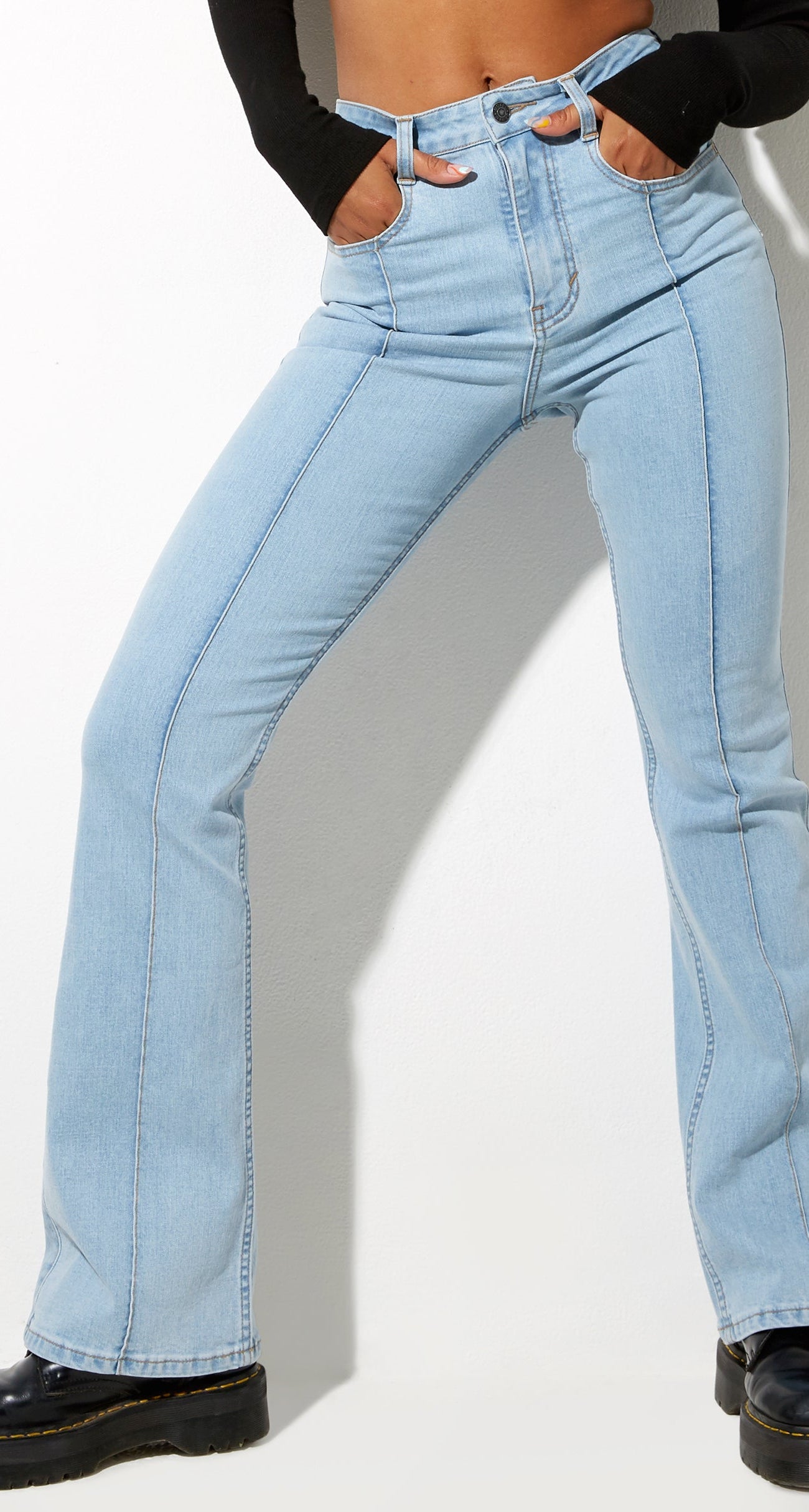 Light Wash Denim High Waisted Flared Jeans | Seam Flare – motelrocks-com-us