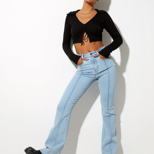 Light Wash Denim High Waisted Flared Jeans | Seam Flare – motelrocks-com-us