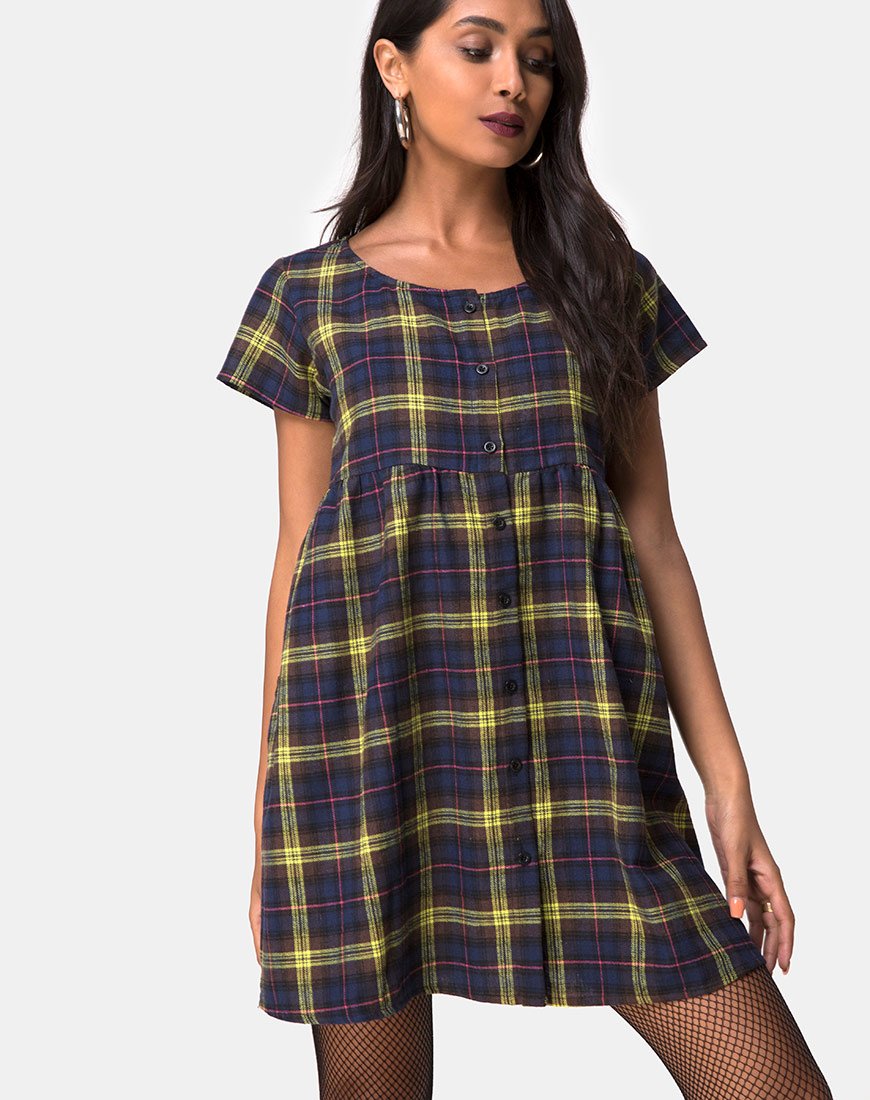 Skibbie Dress In Plain Brown Yellow Check – motelrocks-com-us