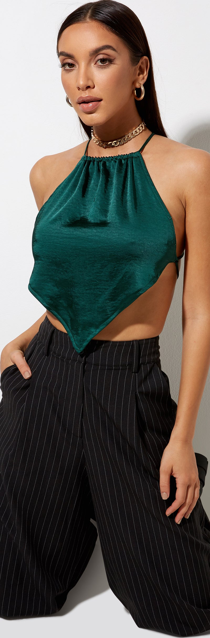 Green Satin Halterneck Diamond Crop Top | Spence – motelrocks-com-us