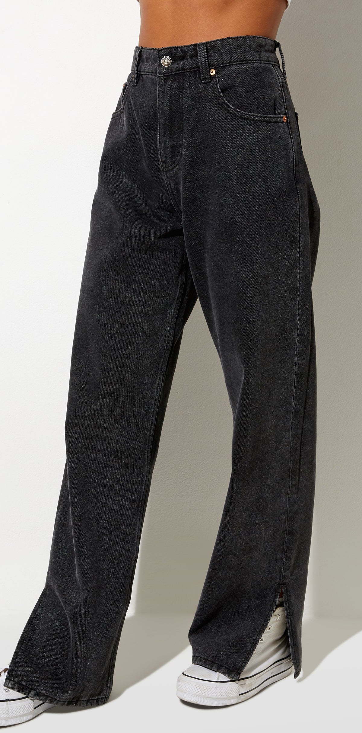 Black Wide Leg Split Hem Jeans | Parallel – motelrocks-com-us