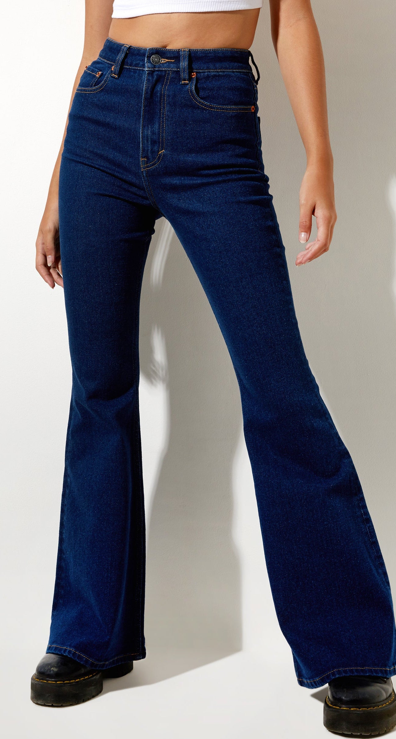 Mid Blue Flared Leg Denim Jeans | Super Flare – motelrocks-com-us