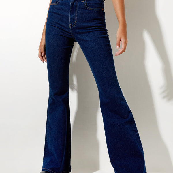 Mid Blue Flared Leg Denim Jeans | Super Flare – motelrocks-com-us