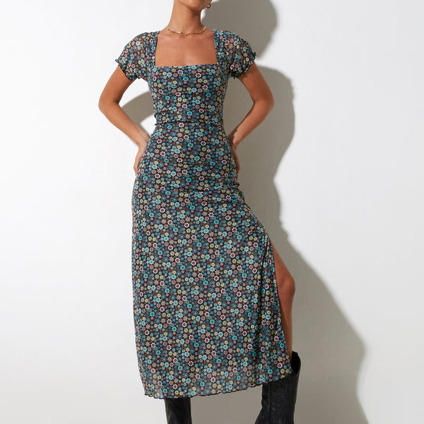 Floral Print Side Leg Split Square Neckline Short Sleeve Maxi Dress ...