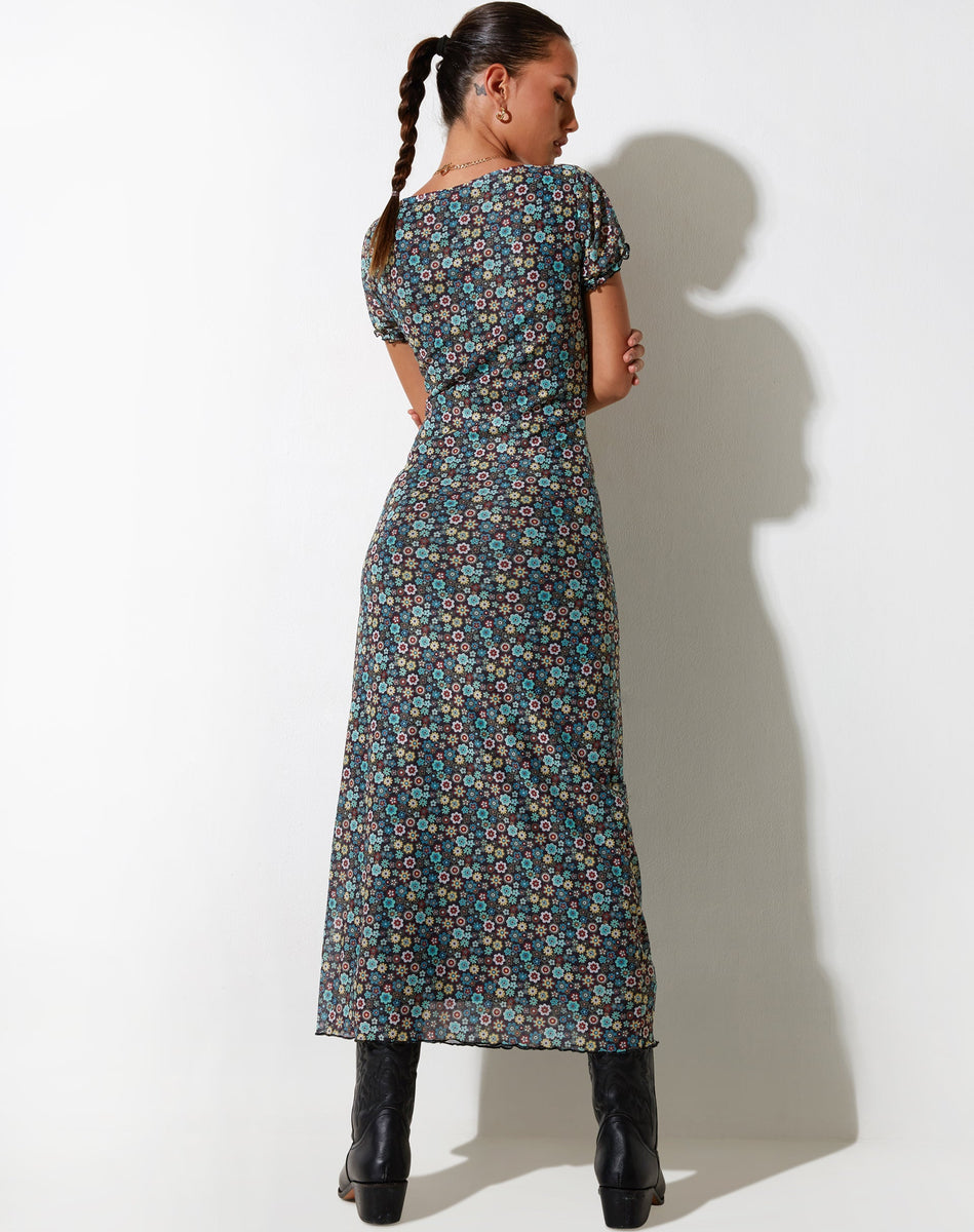 Floral Print Side Leg Split Square Neckline Short Sleeve Maxi Dress ...
