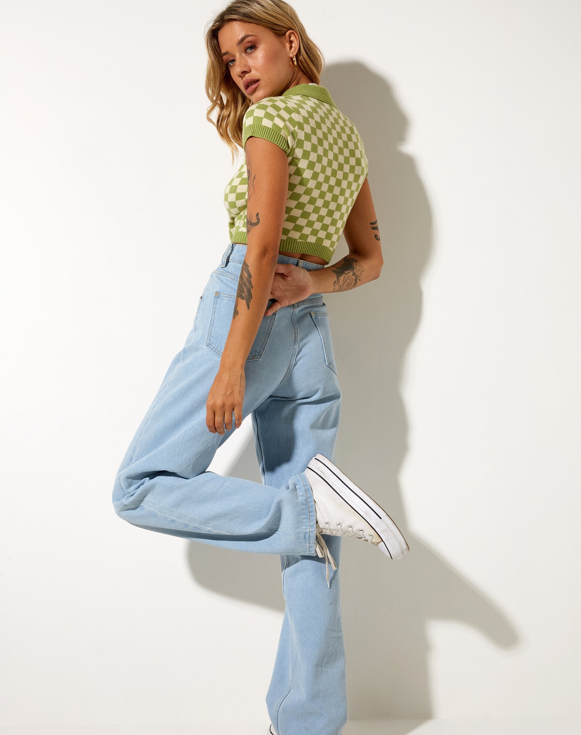 Green and Cream Checkerboard Short Sleeve Crop Top | Tamma – motelrocks ...