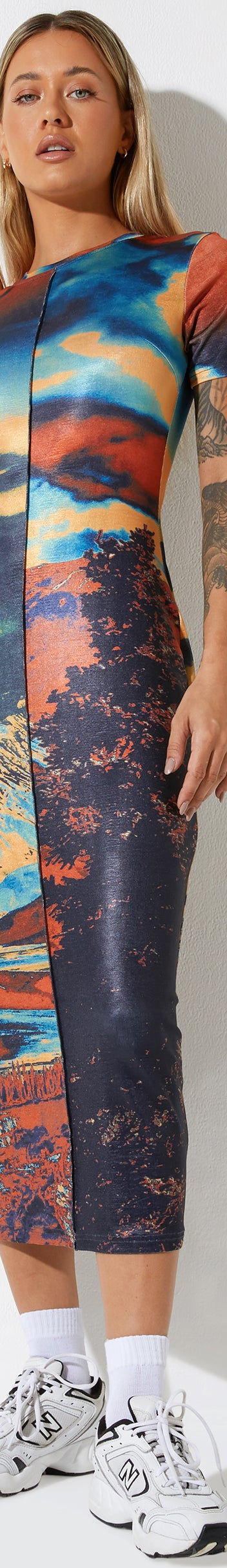 Blue and Orange Print Short Sleeve Midi Dress | Tapaki – motelrocks-com-us