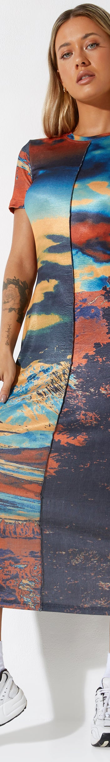 Blue and Orange Print Short Sleeve Midi Dress | Tapaki – motelrocks-com-us