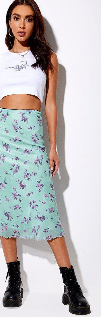 Green Mesh Midi Skirt with Lilac Floral Print | Taura – motelrocks-com-us