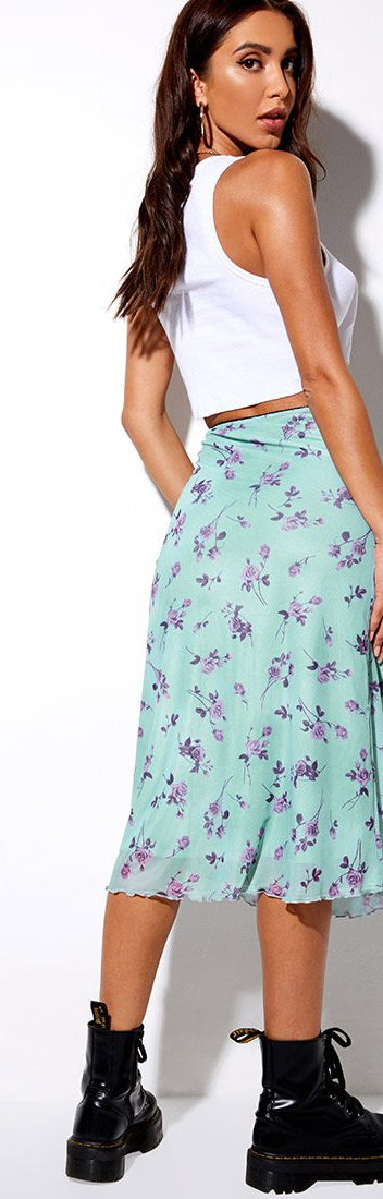 Green Mesh Midi Skirt with Lilac Floral Print | Taura – motelrocks-com-us
