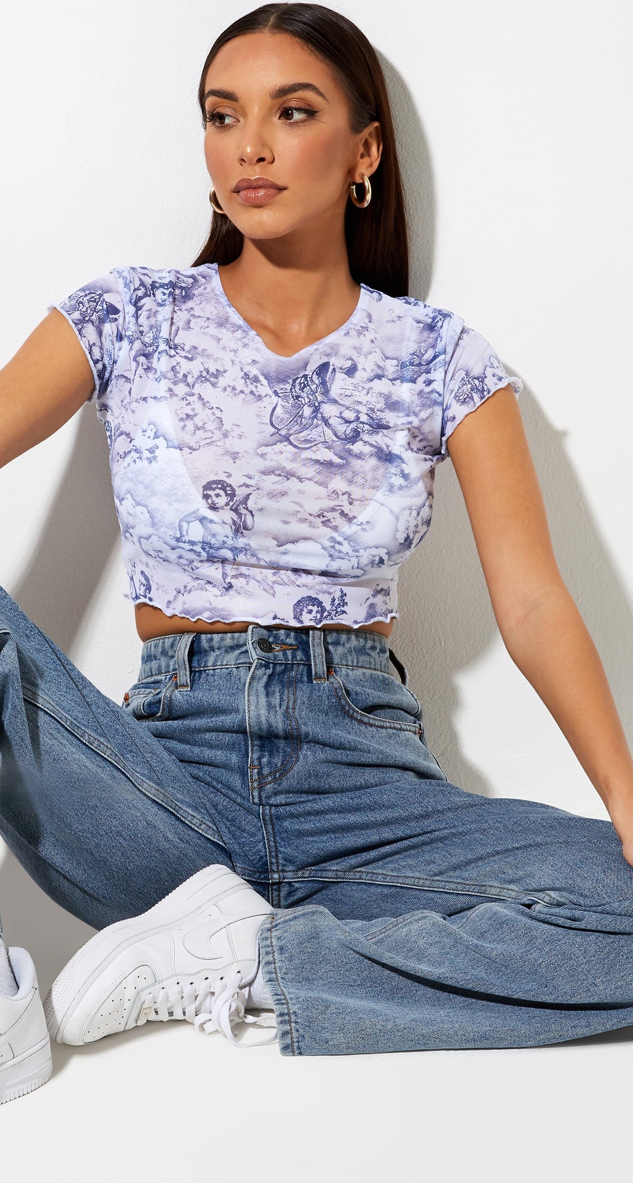 Blue Cherub Print White Mesh Crop Top | Tince – motelrocks-com-us