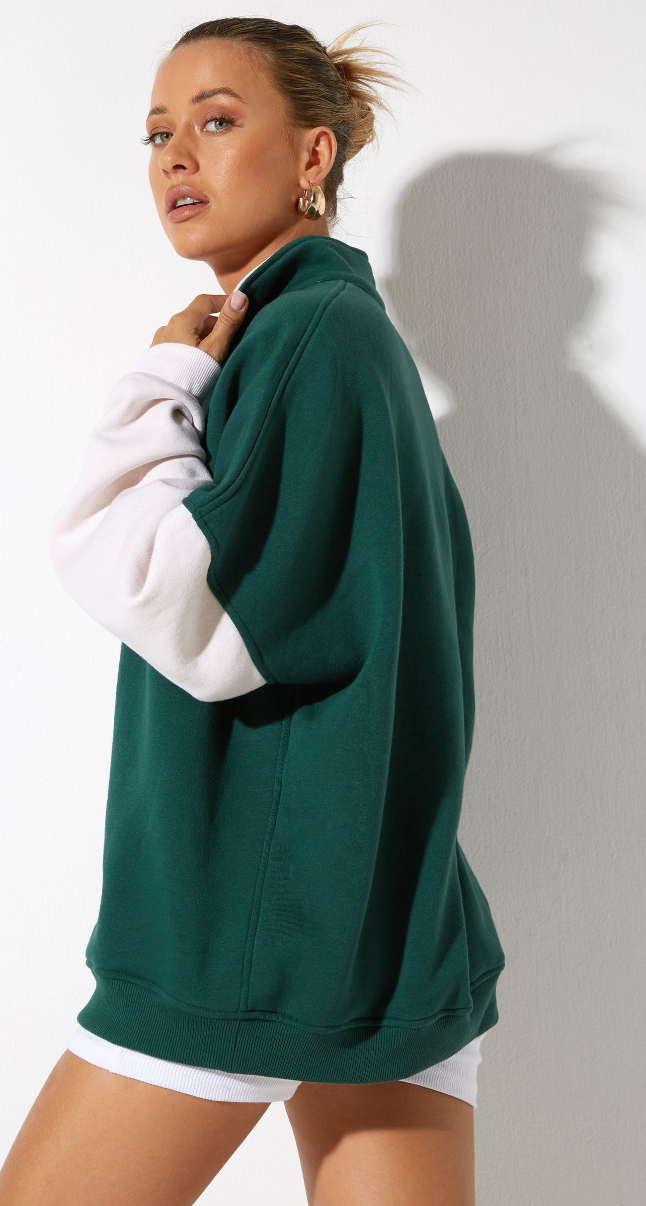 Green and White Oversized Long Sleeve Collared Varsity Rugby Jacket ...